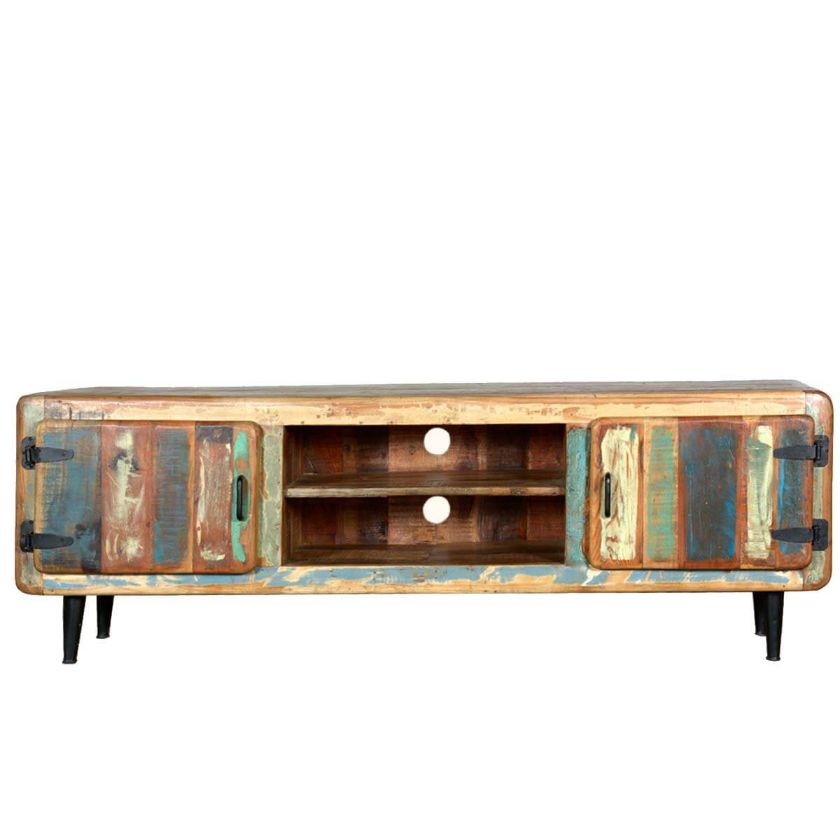 Medway Retro Reclaimed Wood Large TV Media Console w Center Shelves