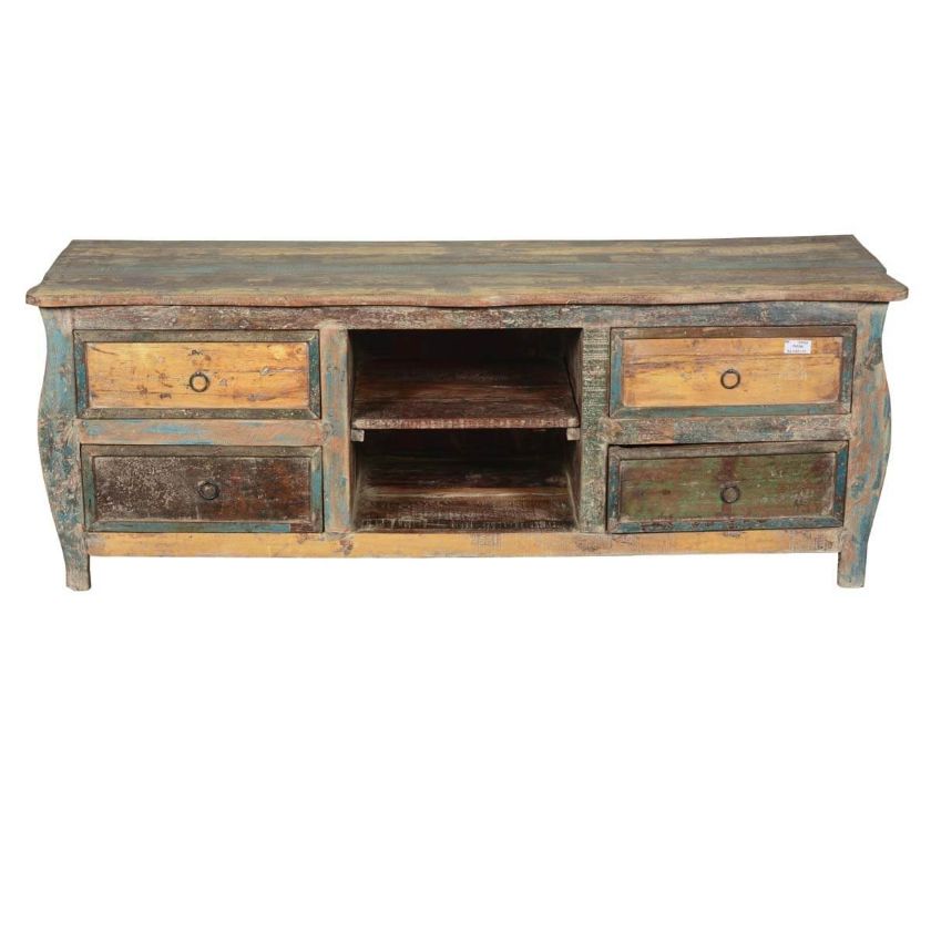 Late Colonial Reclaimed Wood Rustic Kettle Base TV Media Cabinet