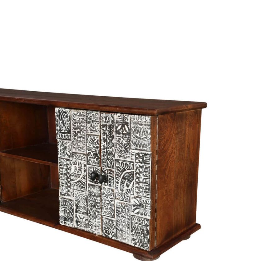Riviera Rustic Mango Wood TV Stand with Cabinet Shelves