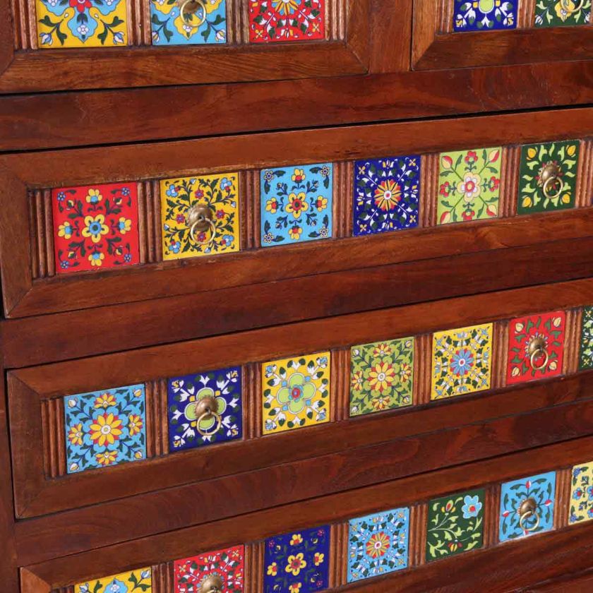 Dutch Farmhouse Rainbow Tiles Mango Wood 5 Drawer Dresser Chest