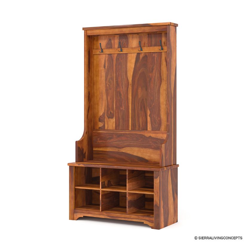 Cornish Rustic Solid Wood Entryway Hall Tree with Bench Shoes Storage ...