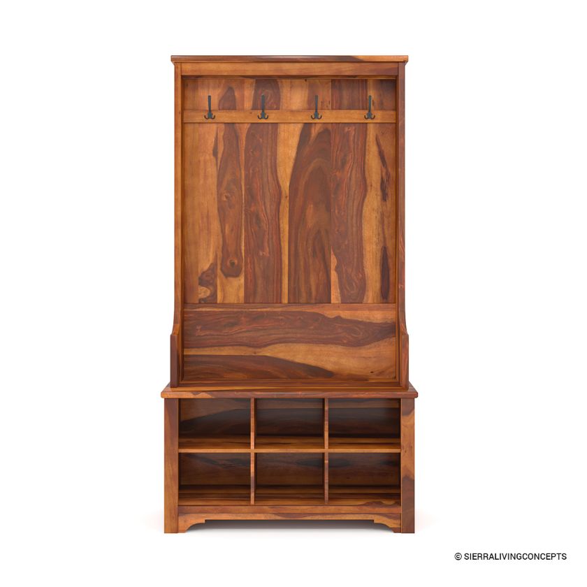 Cornish Rustic Solid Wood Entryway Hall Tree with Bench Shoes Storage ...