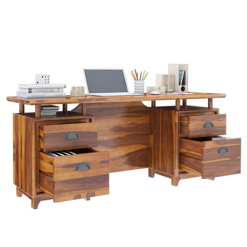 Hondah Rustic Solid Wood Desk with File Cabinet Set