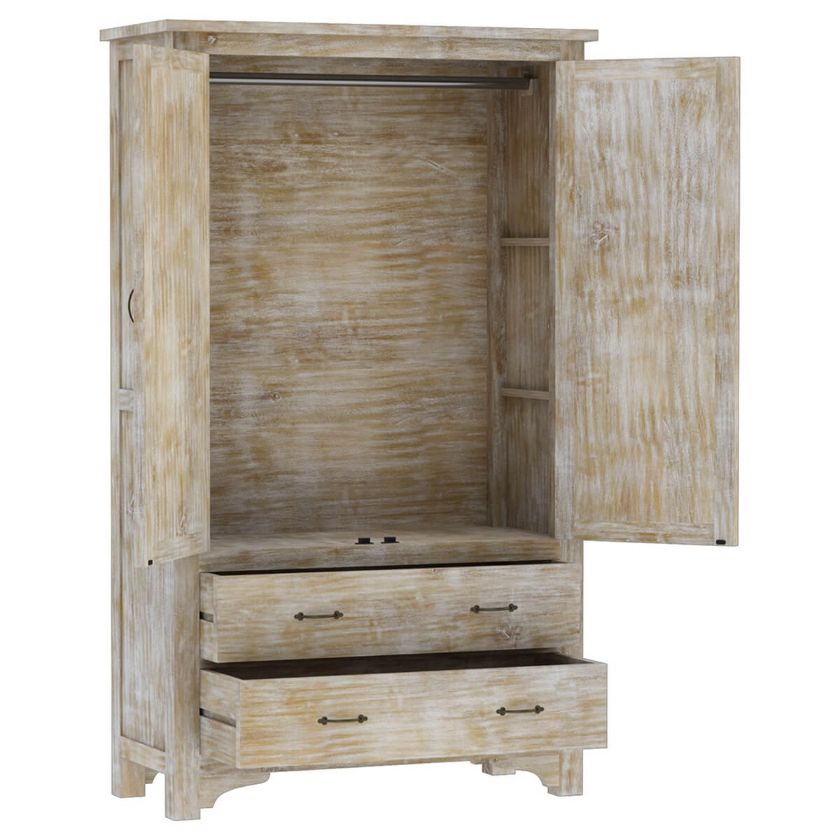 Savannah Country Distressed White Solid Wood Large 2 Drawer Wardrobe