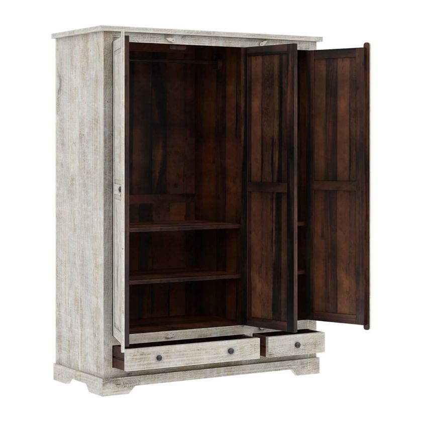 Ojai Distressed Whitewashed Solid Wood Tall Armoire Wardrobe