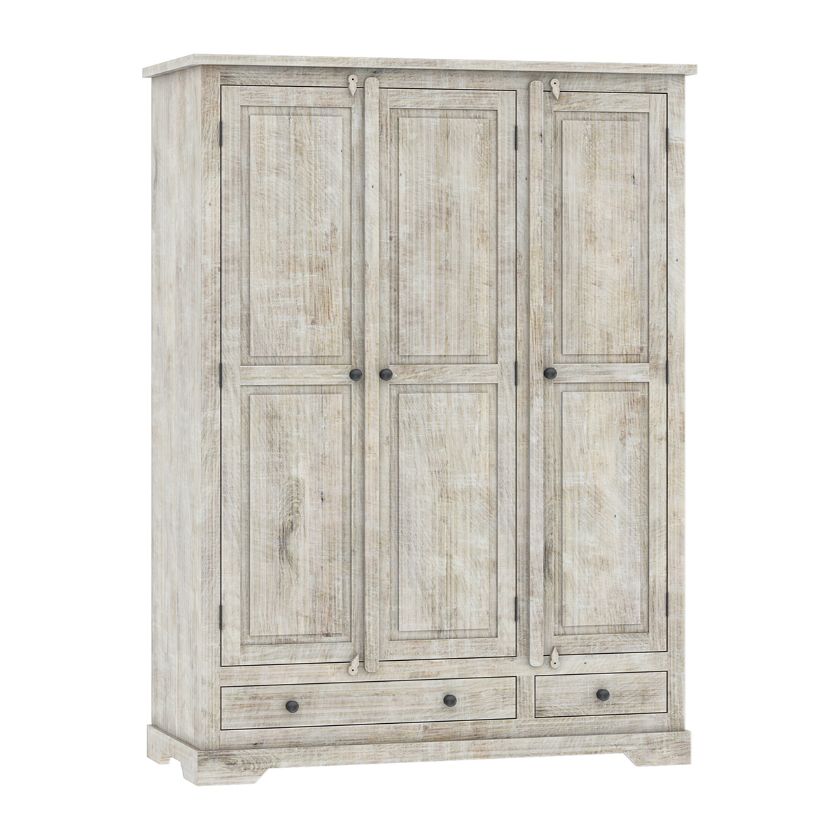 Ojai Distressed Whitewashed Solid Wood Tall Armoire Wardrobe