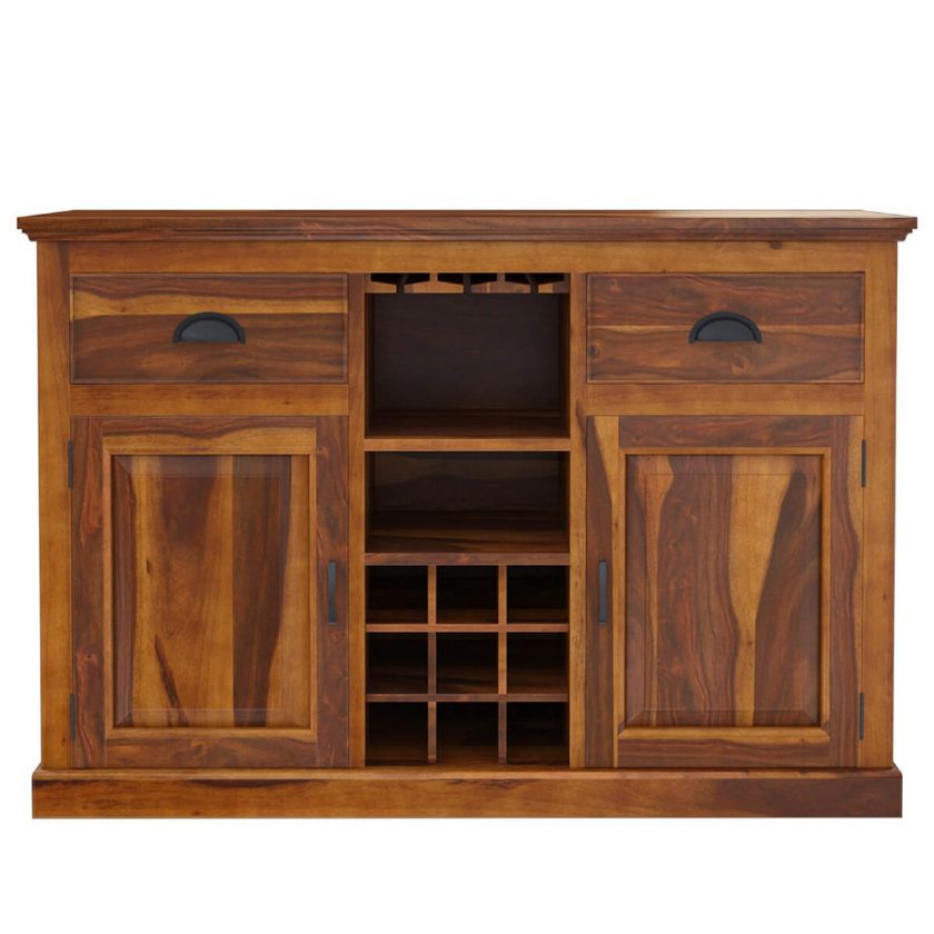 Rustic Solid Wood Large Sideboard With Wine Bar Storage