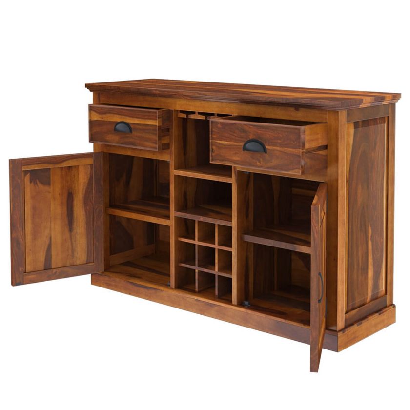 Rustic Solid Wood Large Sideboard With Wine Bar Storage
