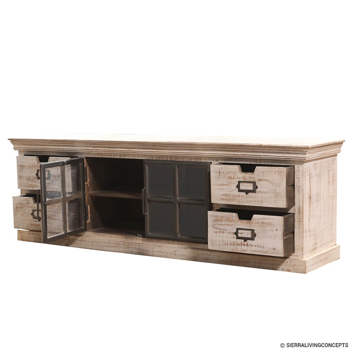 Bengower Rustic Solid Wood White 4 Drawer TV Bench Stand Media Cabinet