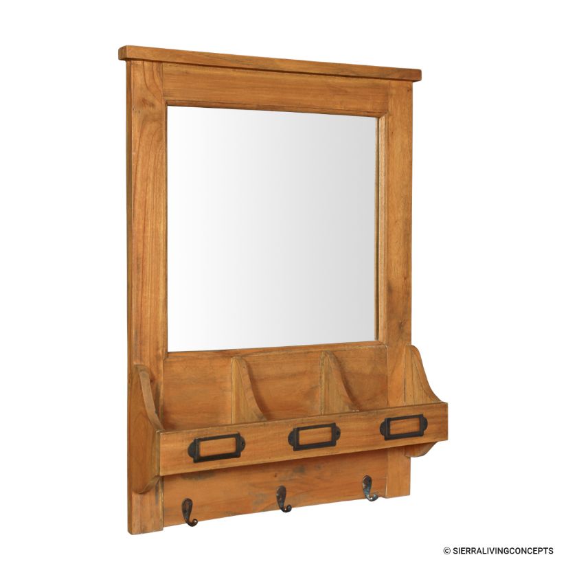 Modoc Traditional Rustic Solid Wood Hanging Mirror with Hooks