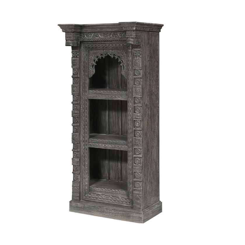 Camarillo Vintage Arched Hand Carved Rustic 3 Tier Charcoal Bookcase