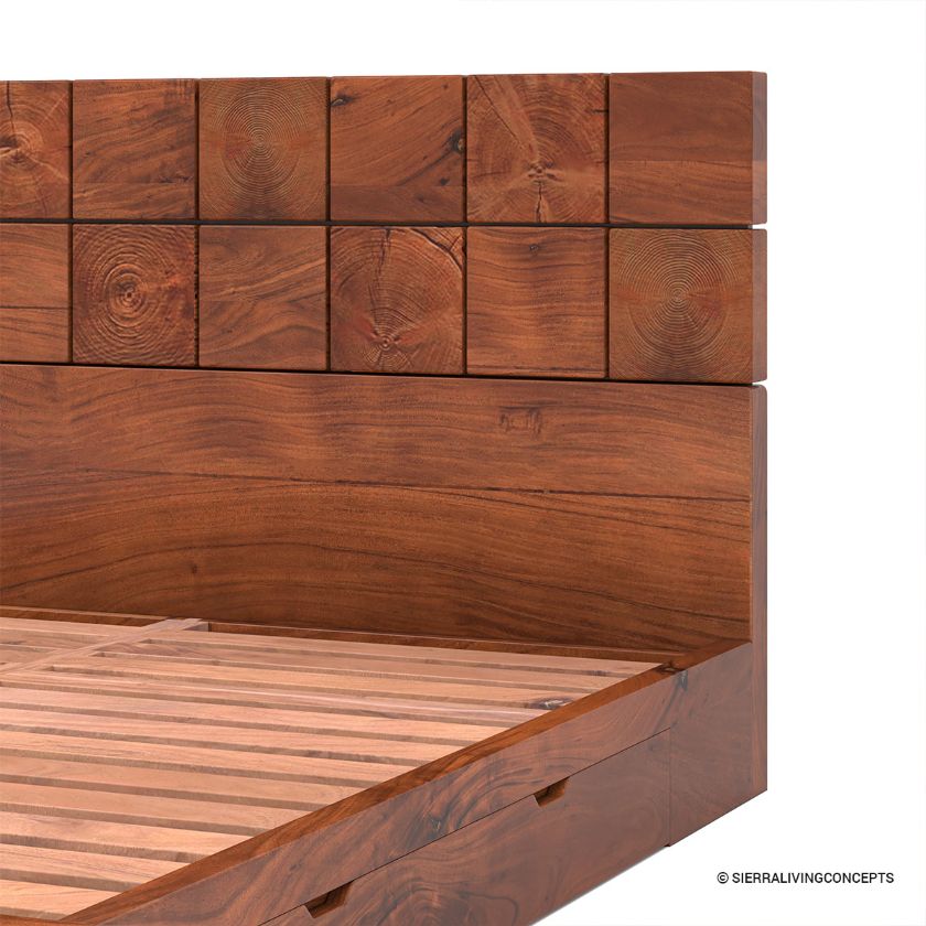 Ripon Modern Acacia Low Profile Platform Bed with Storage