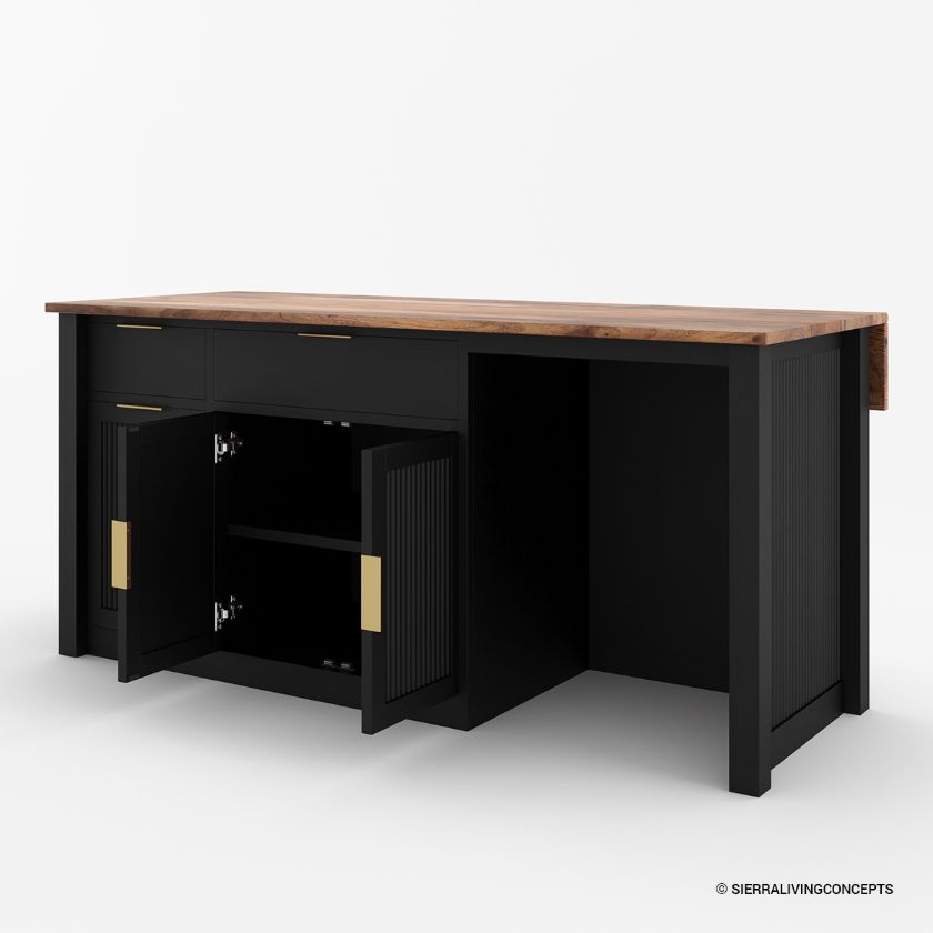 Bryan Fluted Farmhouse Black Drop leaf Kitchen Island with Wine Fridge ...