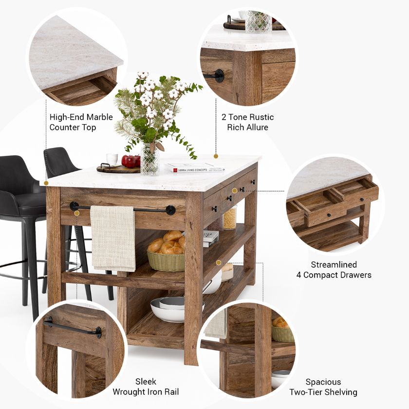 Visalia Modern Rustic Marble Top Kitchen Island with seating and Storage