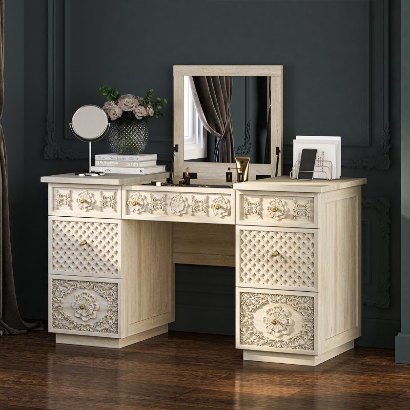 Nuala Hand Carved Solid Wood Makeup Vanity with Mirror
