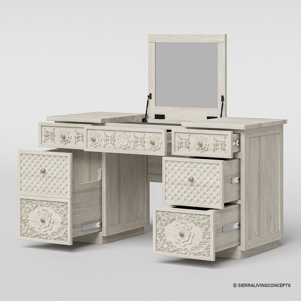 Nuala Hand Carved Solid Wood Makeup Vanity with Mirror