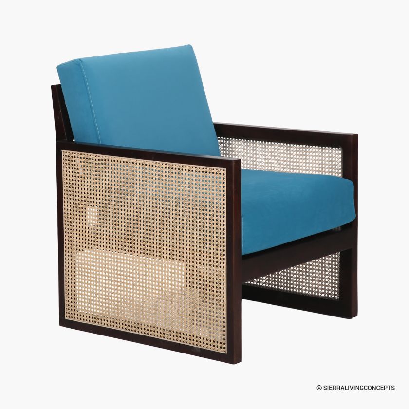 Lakeshore Cyan Blue Modern Accent Chair with Rattan Arms