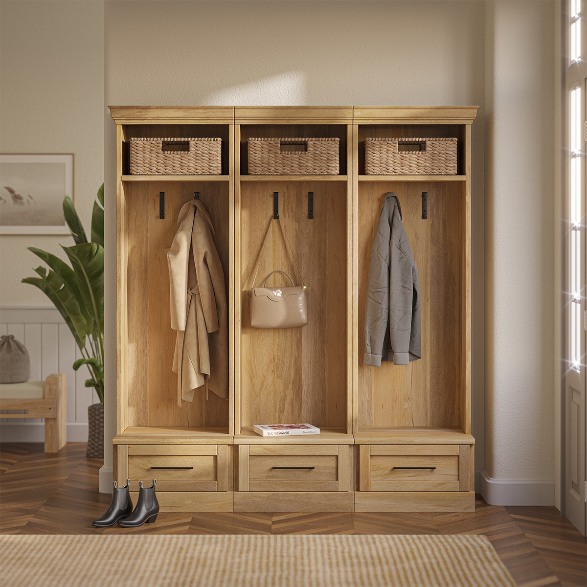 Solid Wood Hall Trees with Benches & Shoe Storage