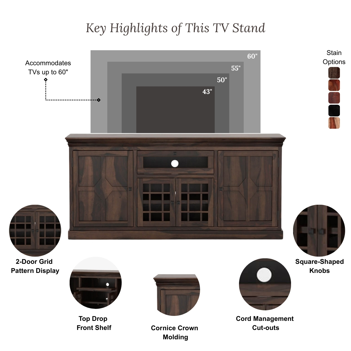 Santa Fe Solid Wood 60 Inch TV Stand with Cabinets