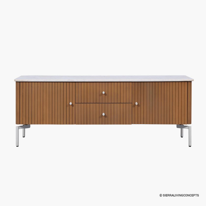 Quesnel MCM Slatted Wood TV Media Console with Marble Top