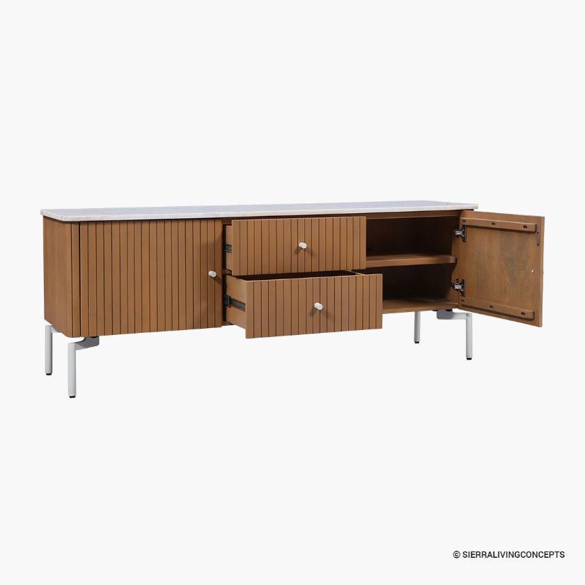 Quesnel MCM Slatted Wood TV Media Console with Marble Top