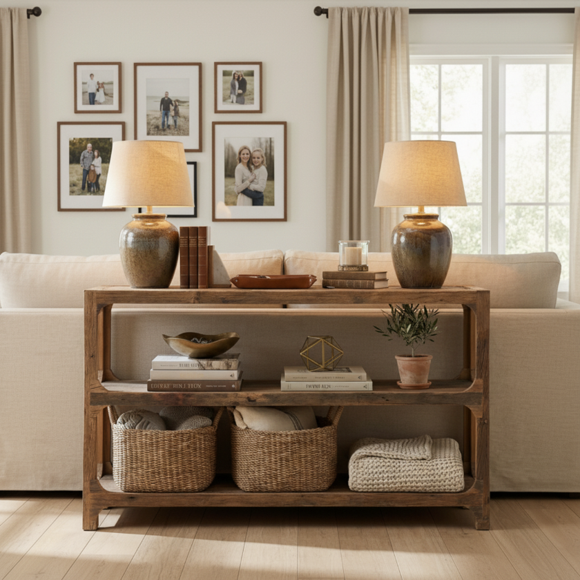 Barrie 3 Tier Rustic Farmhouse Console Table Behind Sofa