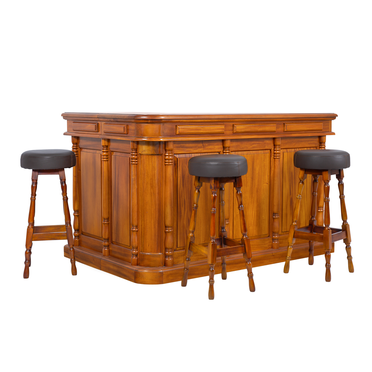 Pretoria Rustic Mahogany Wood Round End Bar Set With Stool