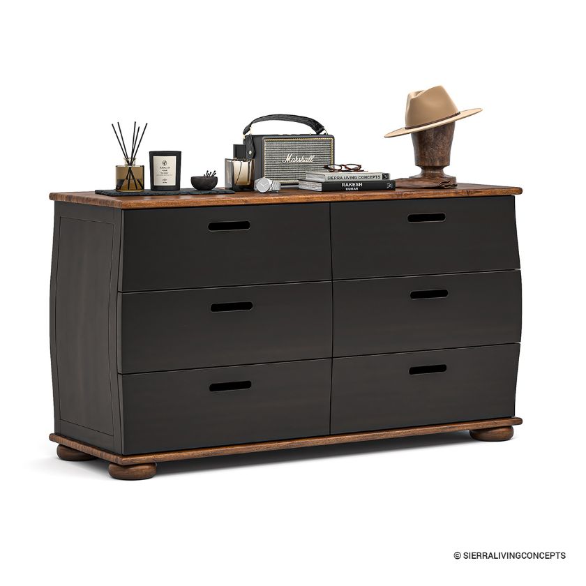 Amos Curved Front 6 Drawer Black Dresser for Bedroom | Sierra Living ...
